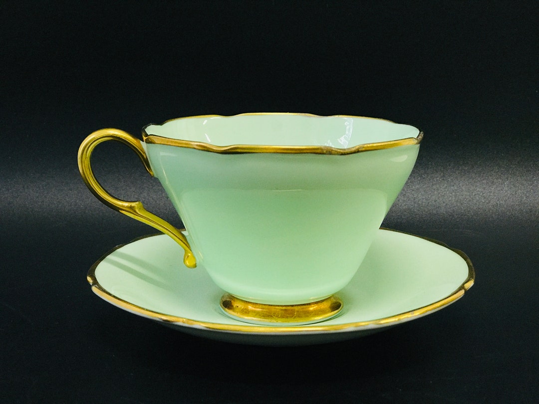 English Paragon Bone China Teacup and Saucer With Jadeite Glaze and Gold Gilded Rim, Royal ...