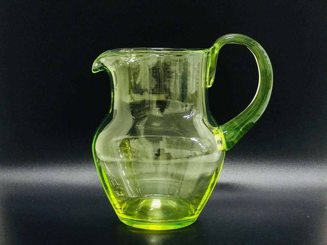 Hand Blown Uranium Glass Pitcher With Handle Vintage Green Vaseline