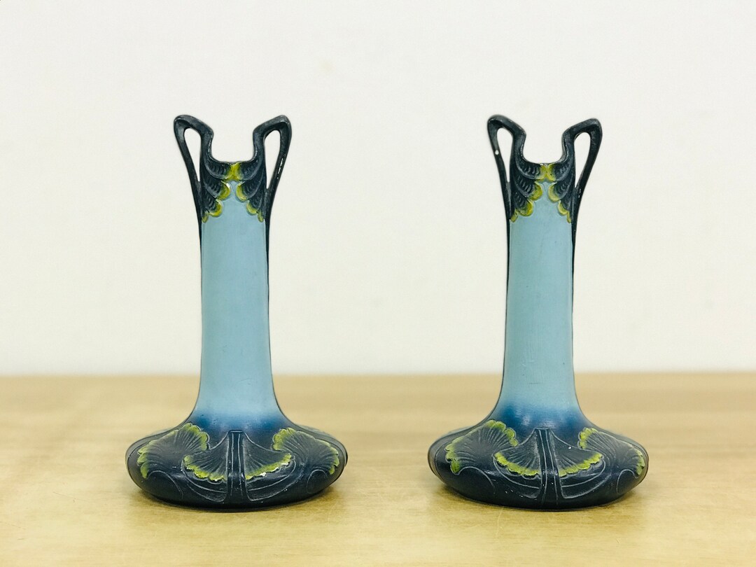 Jugend Blue Plaster Vase Pair With Ginkgo Leaf Decor, Antique ...