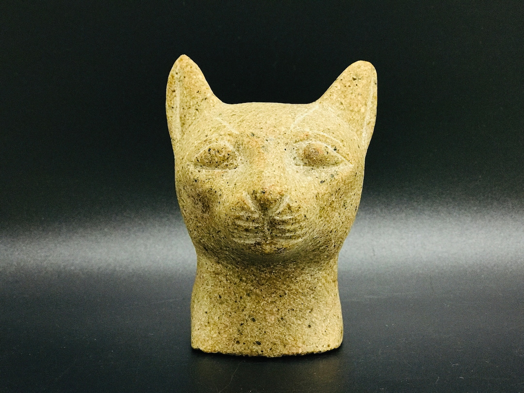 Egyptian Goddess Bastet Cat Head Sculpture of Sandstone, Stylized Cat ...
