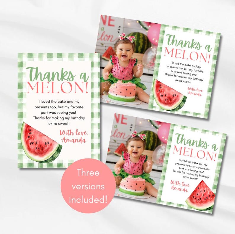 Watermelon Thank You Card Template, Editable One in a Melon Birthday ...