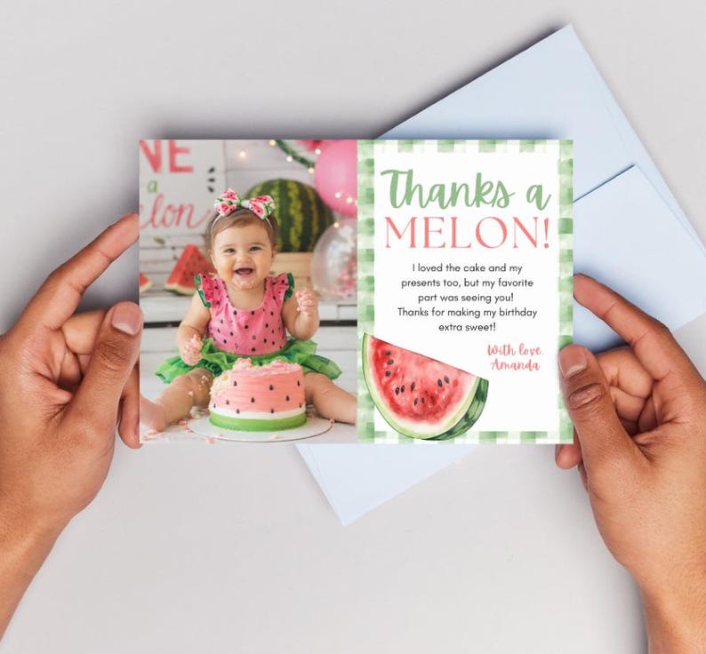 Watermelon Thank You Card Template, Editable One in a Melon Birthday ...