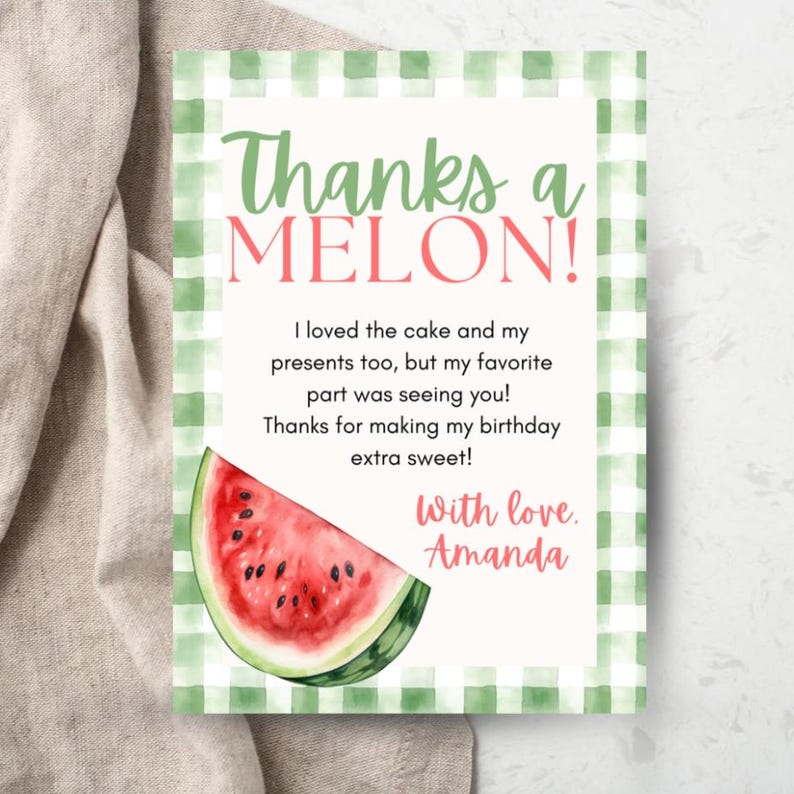 Watermelon Thank You Card Template, Editable One in a Melon Birthday ...
