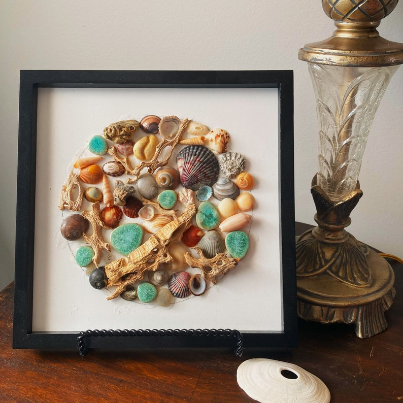 Square Framed Seashell Collage Wall Panel Coastal Wall Decor Natural ...