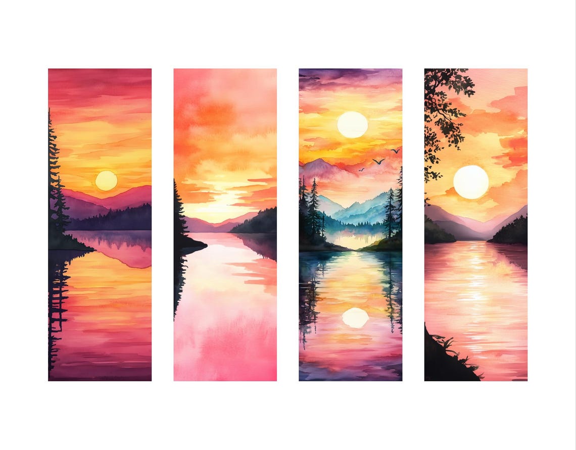 Set of 4 Watercolor Sunset Printable Bookmarks - Etsy