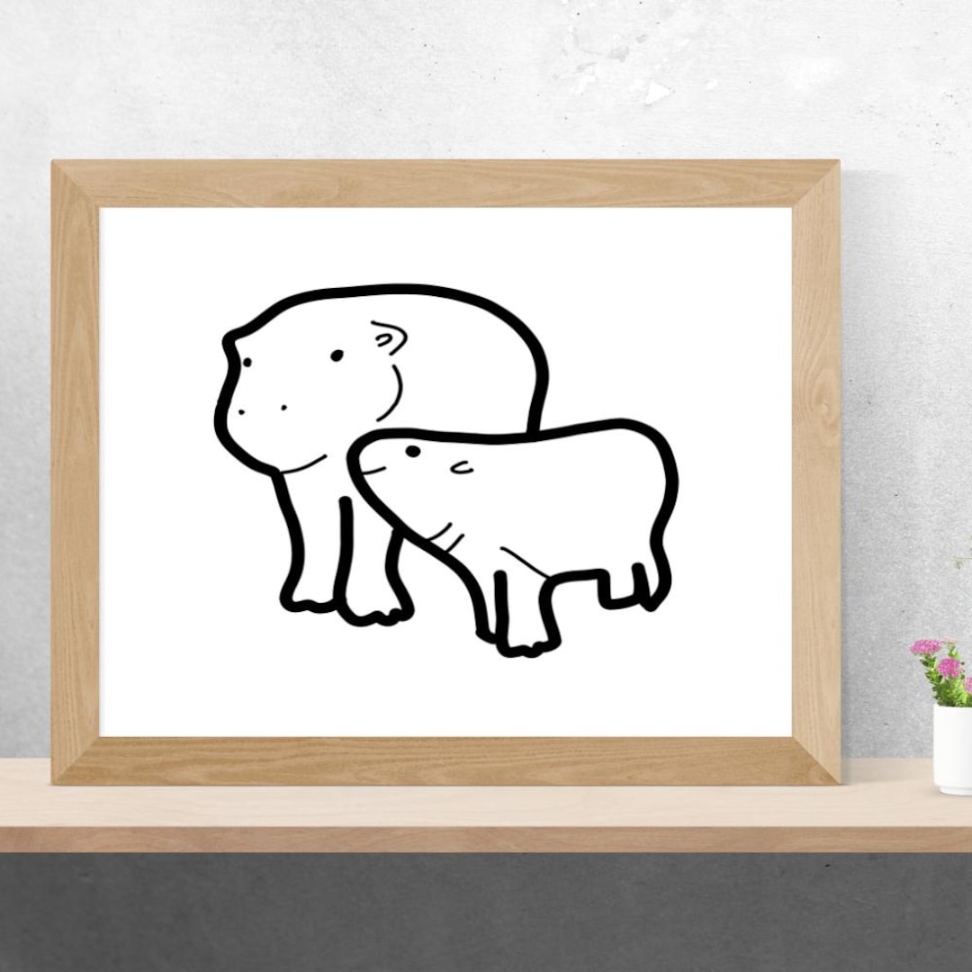Minimalist Pygmy Hippo Mom and Child Line Art Print (digital Download ...