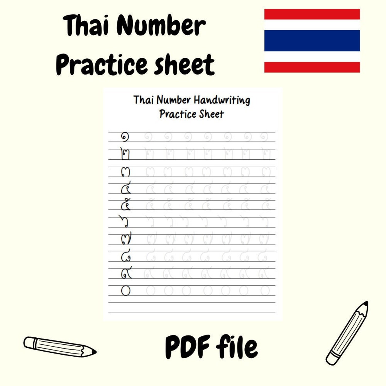 Thai Number Hand Lettering Practice Sheet, Thai Language, Digital ...