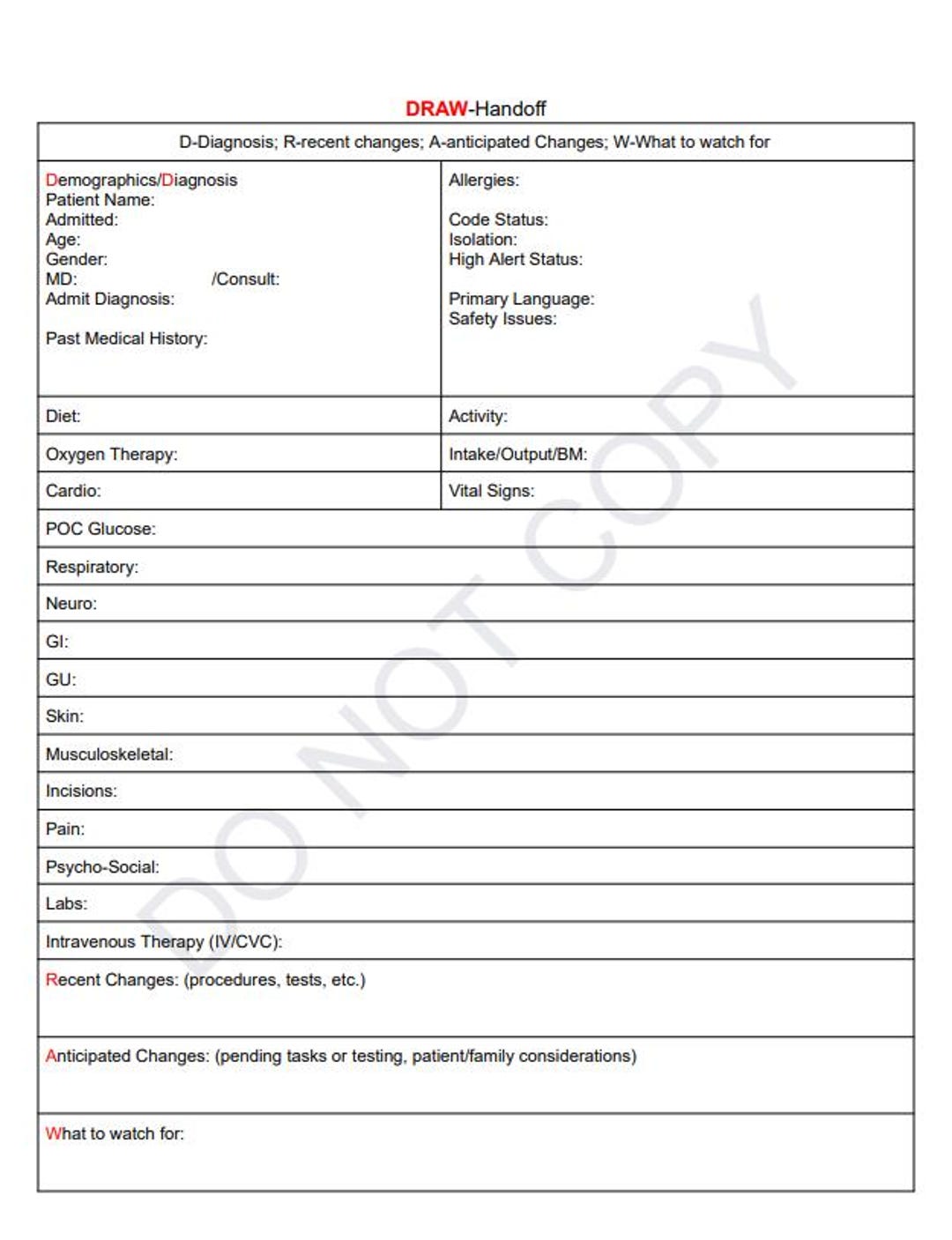 Hospital Nurse DRAW Report Sheet, RN Hand-off Report Tool, Nursing ...