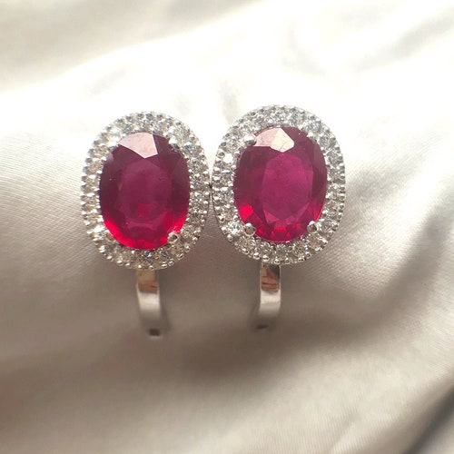 Genuine Ruby Oval Halo Dangle Drop Silver Earrings | Etsy