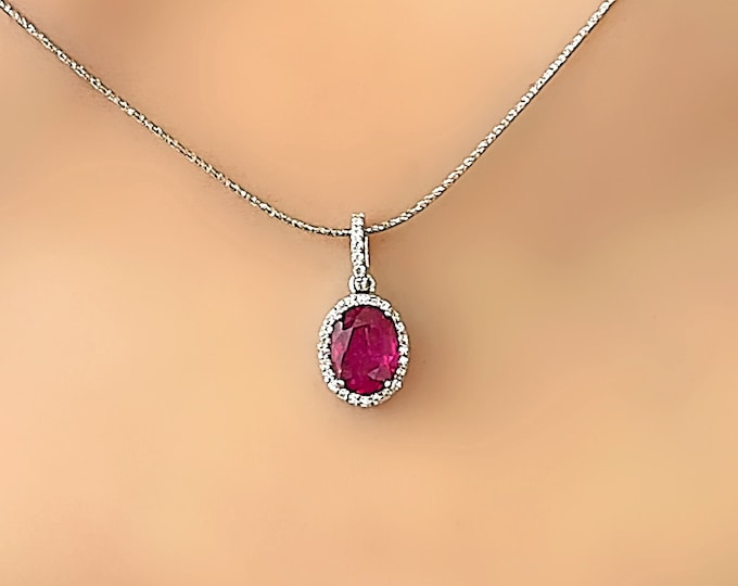 Ruby Necklace, Bezel Ruby Pendant, Sterling Silver Satellite Chain ...