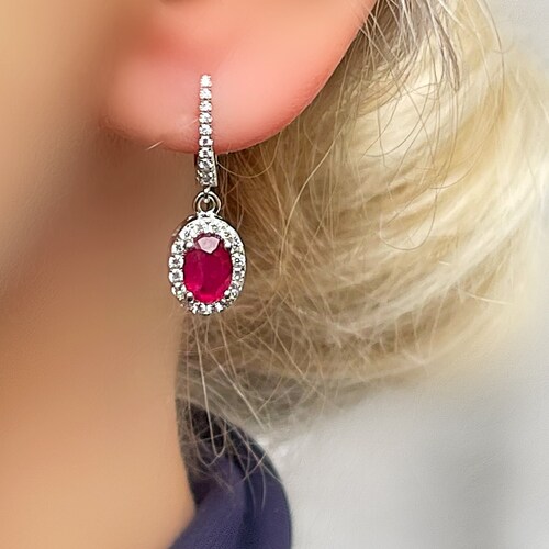 Genuine Ruby Oval Halo Dangle Drop Silver Earrings | Etsy