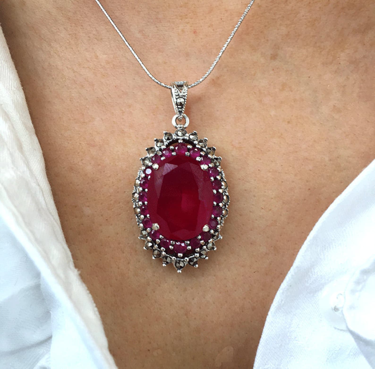 Genuine Large Ruby Art Deco Pendant Silver Necklace - Etsy UK
