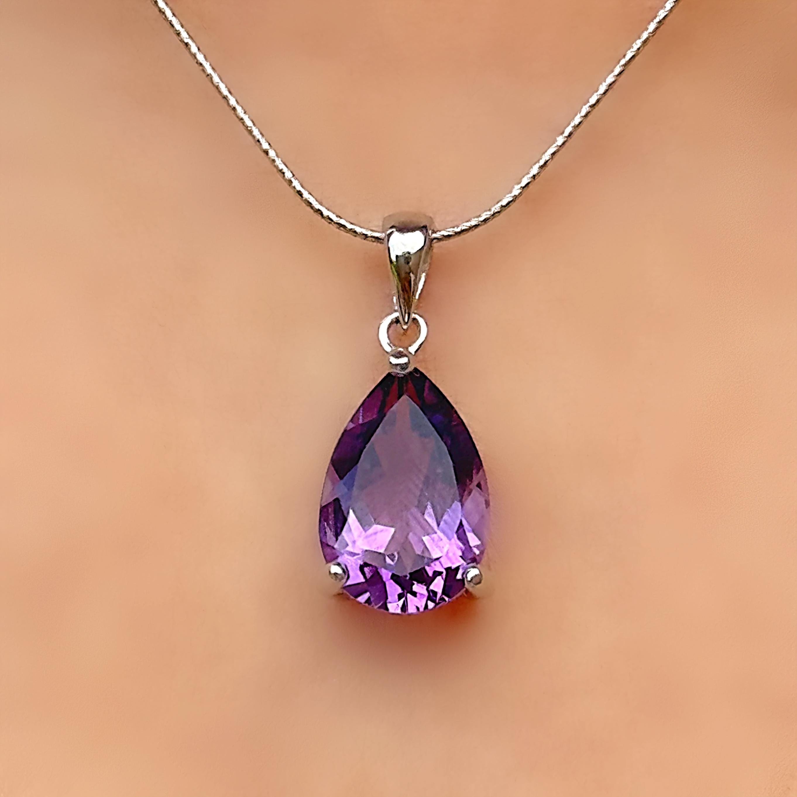 Genuine Amethyst Pear Solitaire Teardrop Silver Pendant Necklace ...