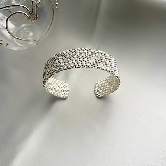 Solid Sterling Silver 925 Mesh Style Wide Cuff Bangle Bracelet Etsy