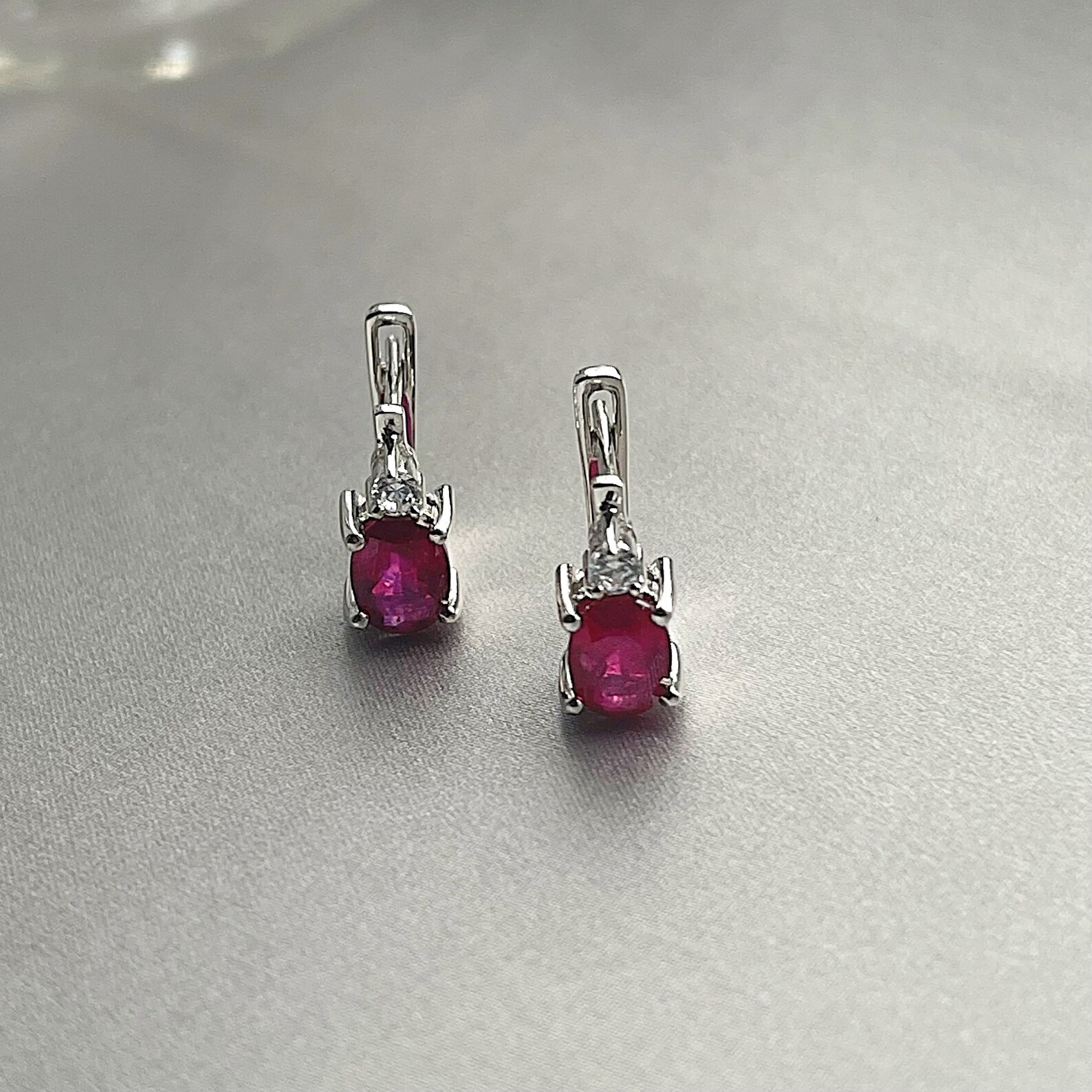 Genuine Ruby Oval Stud Silver Earrings With Solitaire White Topaz - Etsy UK