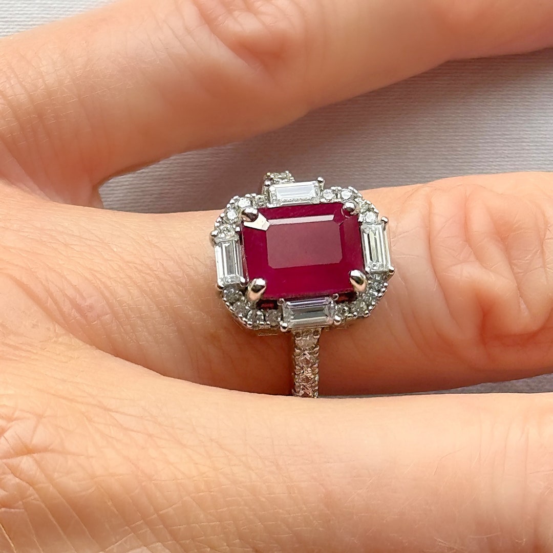 Genuine Ruby Emerald Cut Halo Octagon Silver Ring - Etsy