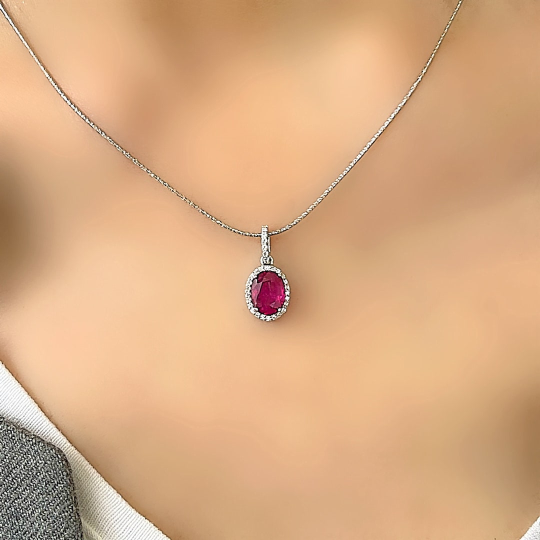 Genuine Natural Ruby Oval Halo Silver Pendant Necklace - Etsy