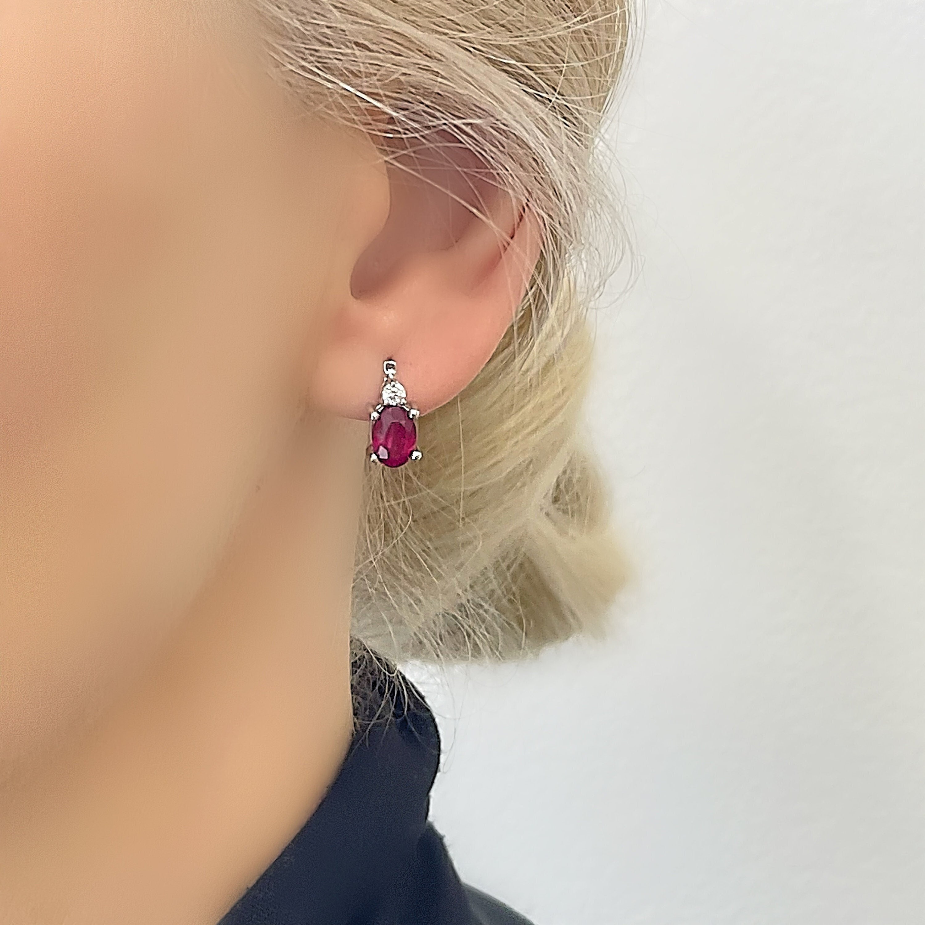 Genuine Ruby Oval Stud Silver Earrings With Solitaire White - Etsy UK
