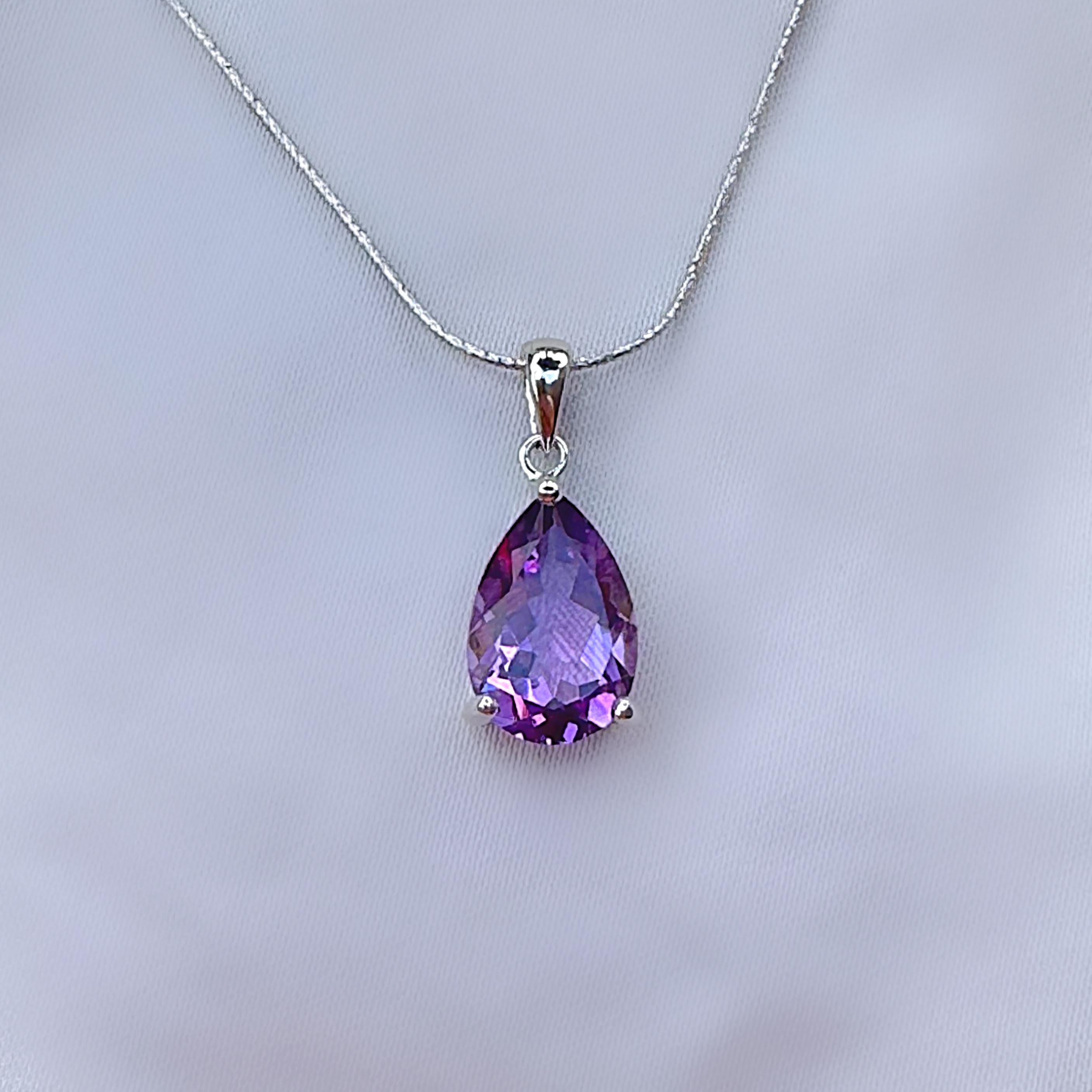 Genuine Amethyst Pear Solitaire Teardrop Silver Pendant Necklace ...