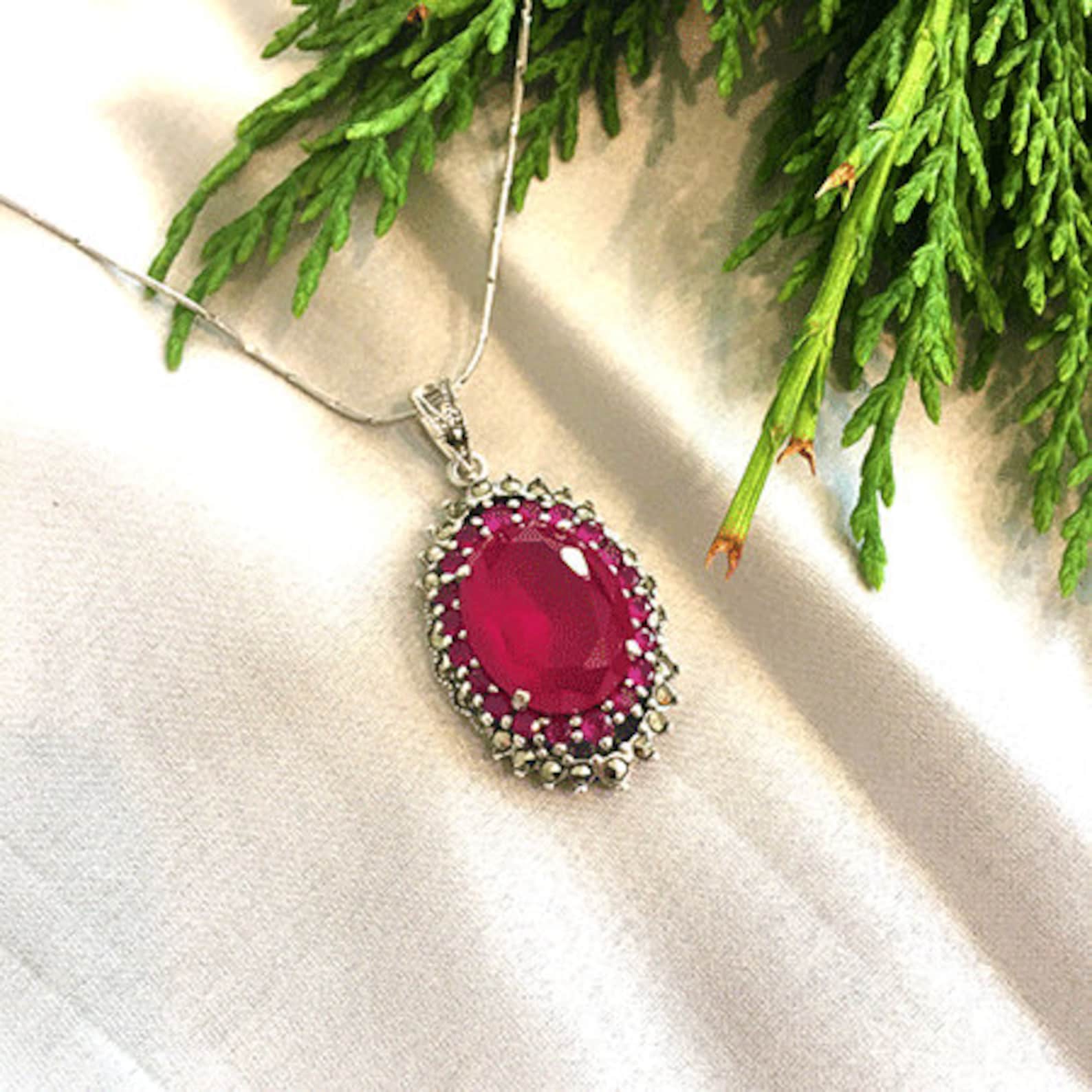 Genuine Large Ruby Art Deco Pendant Silver Necklace - Etsy