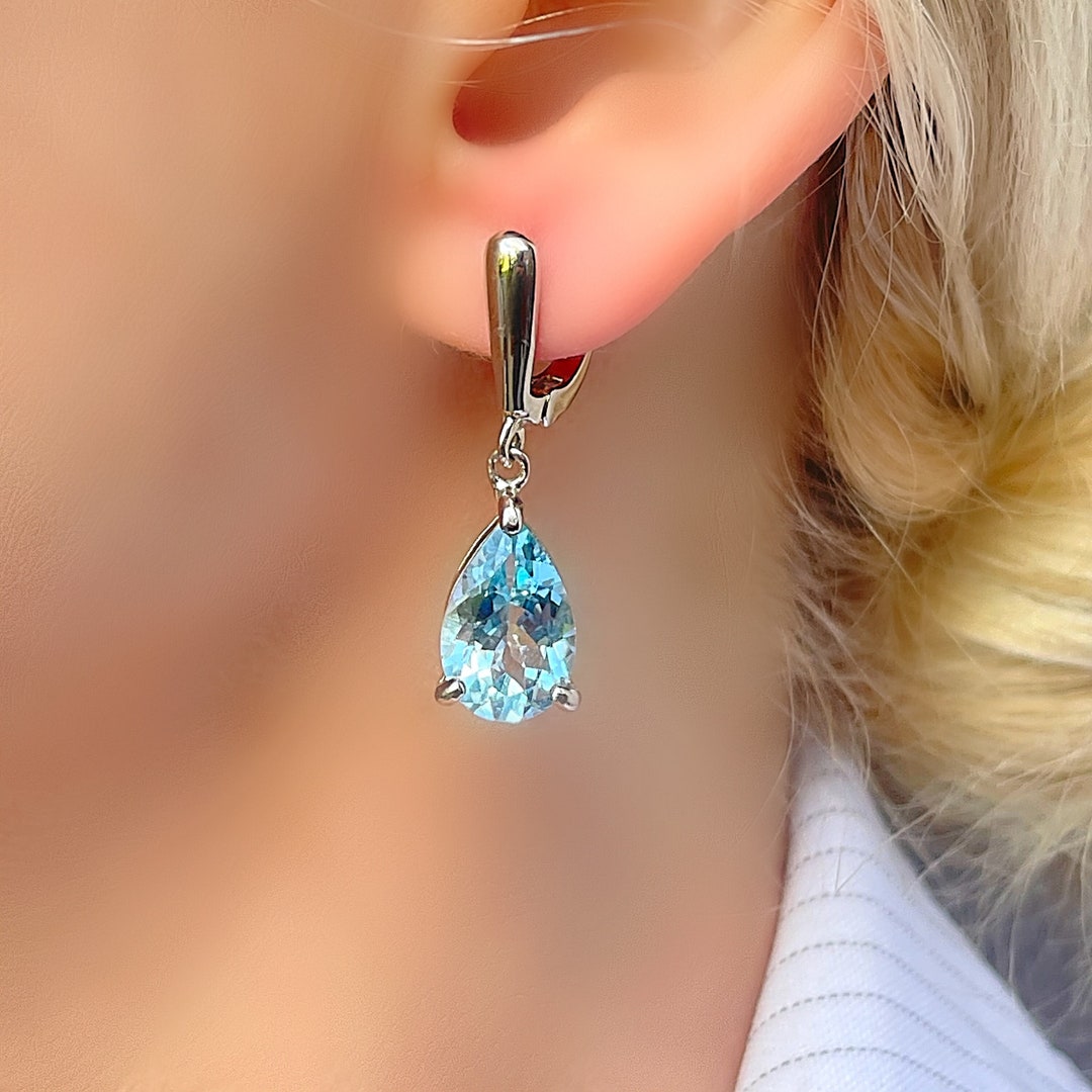 Genuine Blue Topaz Pear Shaped Teardrop Dangle Silver Earrings - Etsy