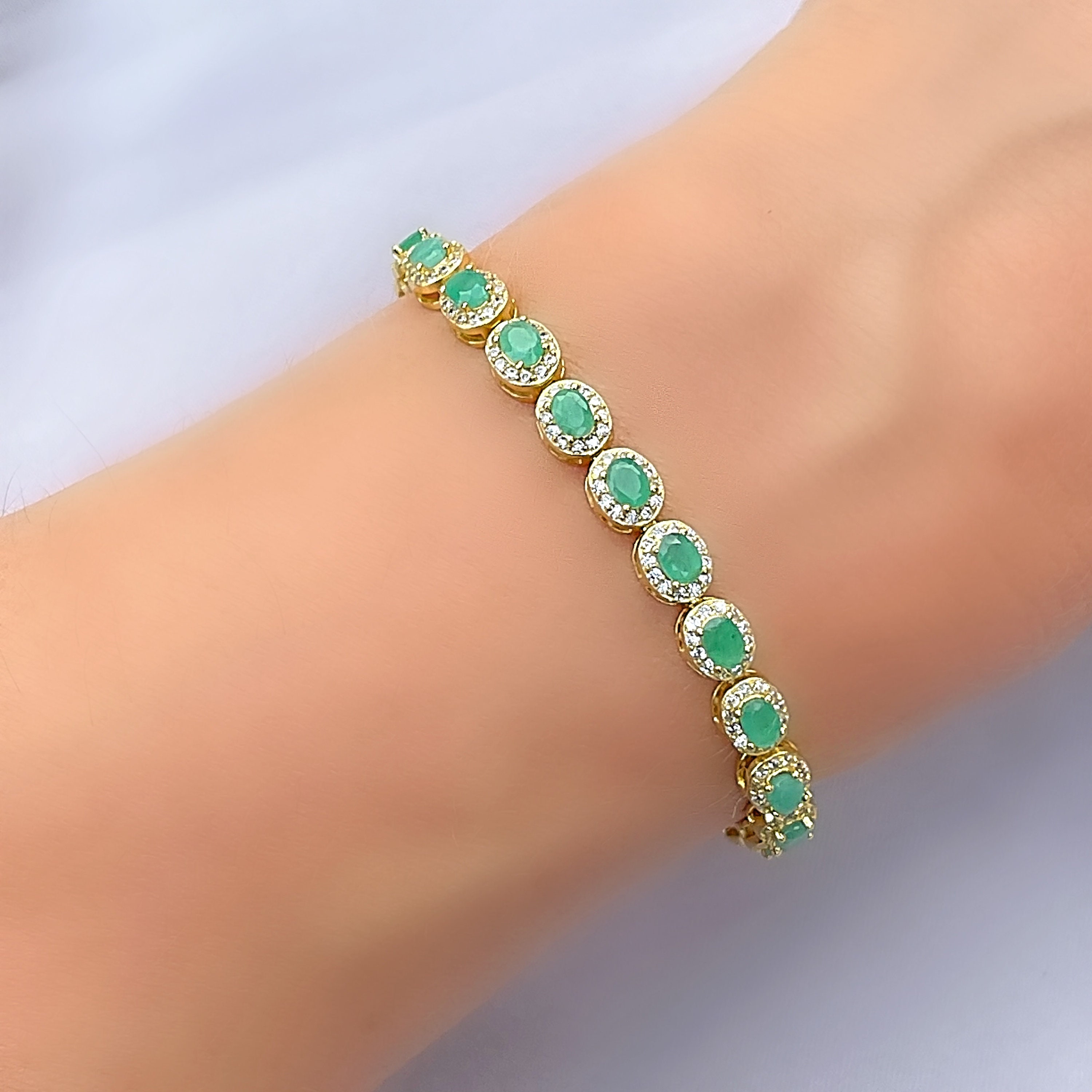 Genuine Emerald AA Halo Oval Gold Vermeil Silver Tennis Bracelet - Etsy
