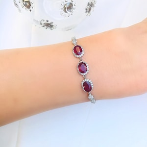 Genuine Ruby 3 Stone Oval Halo Silver Bracelet - Etsy UK