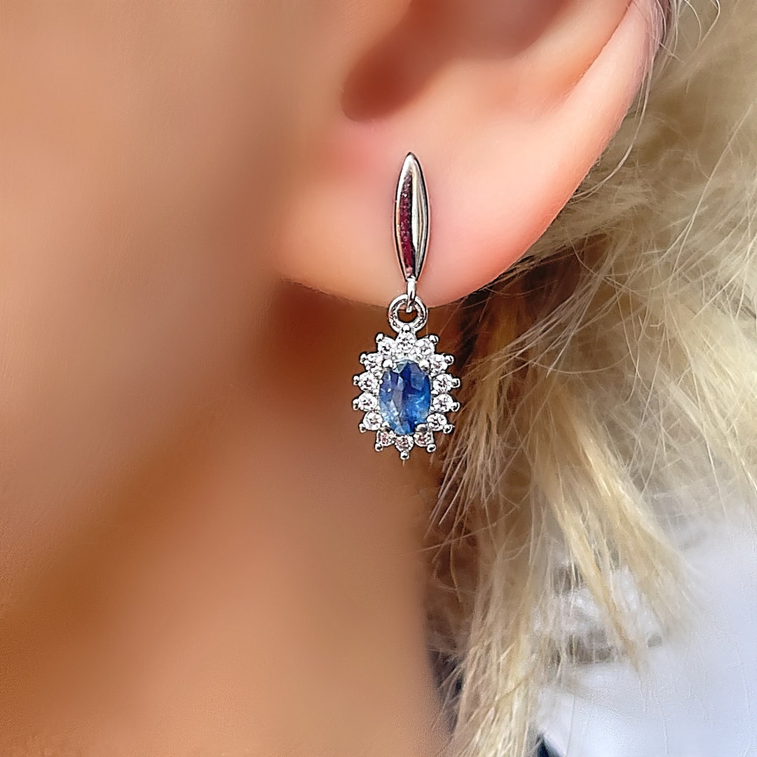Genuine Sapphire Blue African Oval Halo Dangle Drop Silver Earrings - Etsy