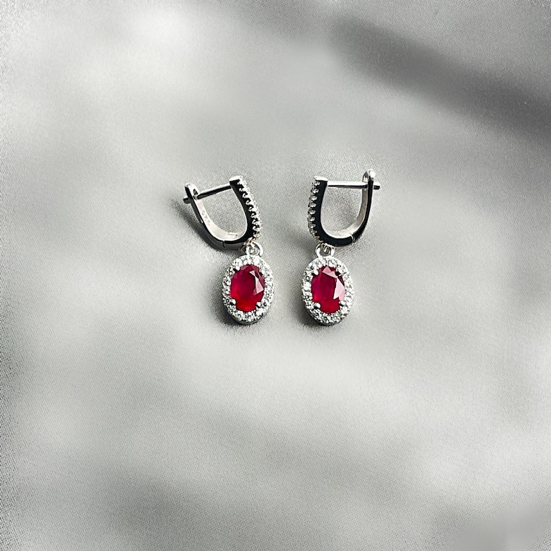 Genuine Ruby Oval Halo Dangle Drop Silver Earrings - Etsy UK