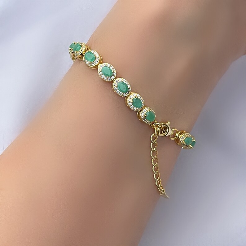 Genuine Emerald AA Halo Oval Gold Vermeil Silver Tennis Bracelet - Etsy