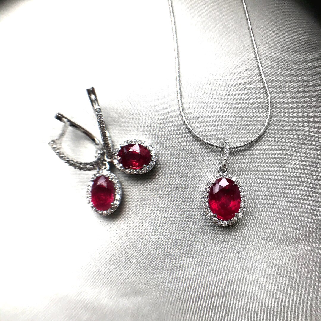 Genuine Natural Ruby Silver Set Pendant and Drop Earrings - Etsy UK