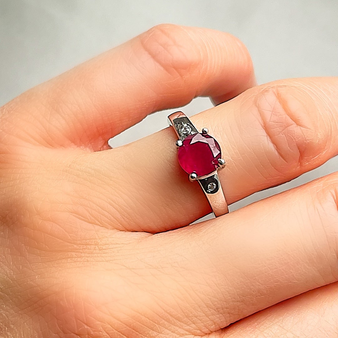 Genuine Ruby Solitaire Silver Ring With White Topaz - Etsy