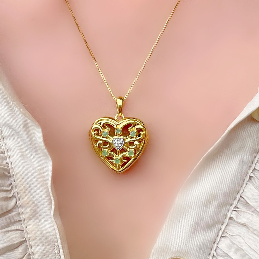 Silver Gold Vermeil Emerald Detailed Heart Locket Keepsake Pendant ...
