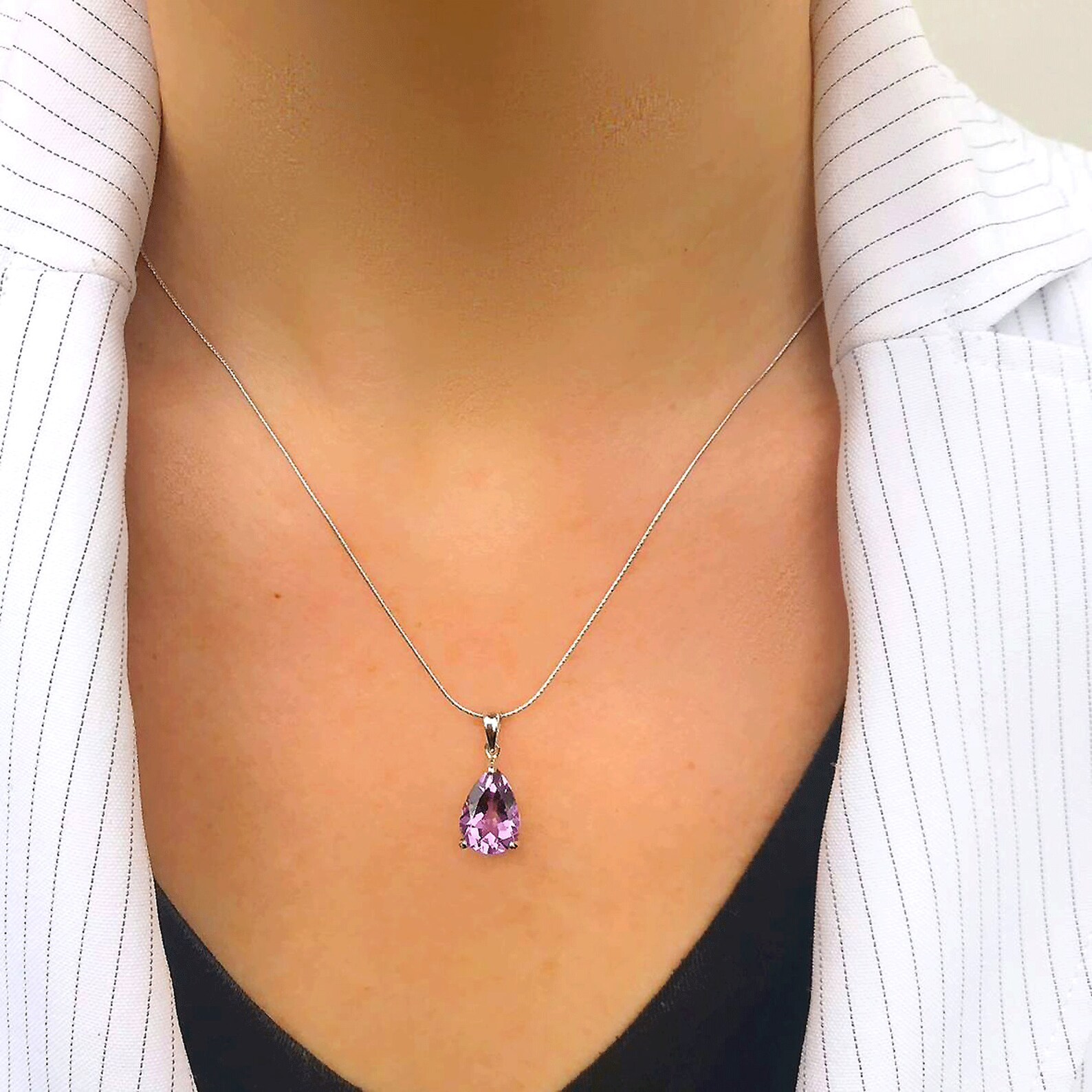 Genuine Amethyst Pear Solitaire Teardrop Silver Pendant | Etsy