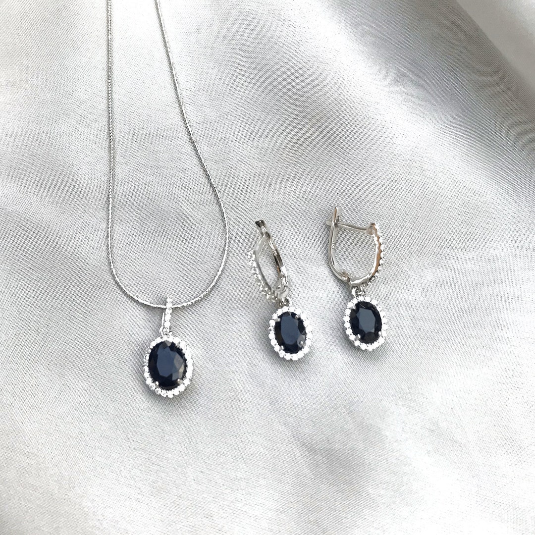 Genuine Blue Sapphire Oval Halo Silver Set Pendant and Drop Earrings - Etsy