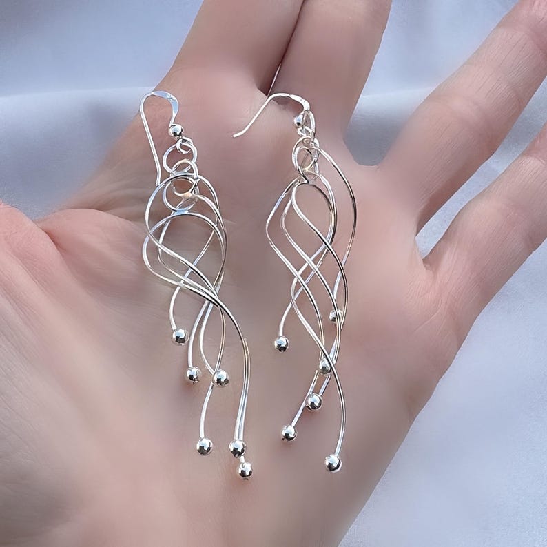 Sterling Silver 925 Swirly Feather Style Wavy Long Dangle Drop Earrings ...
