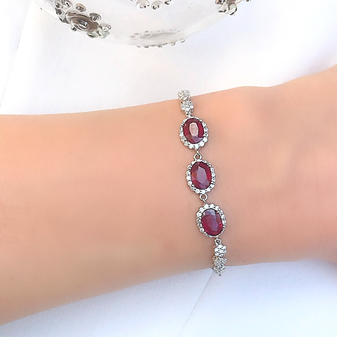 Genuine Ruby 3 Stone Oval Halo Silver Bracelet - Etsy UK