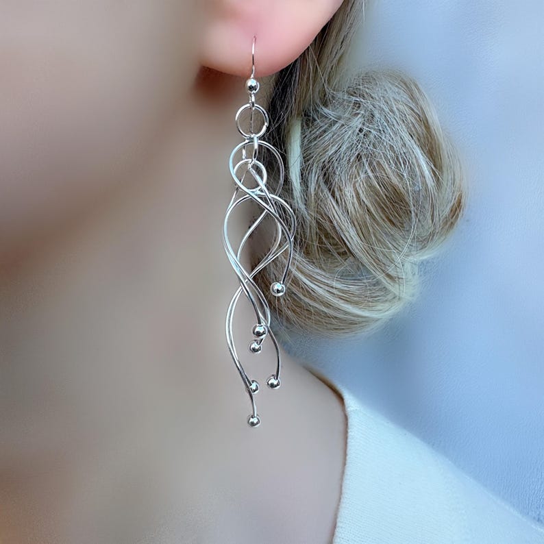 Sterling Silver 925 Swirly Feather Style Wavy Long Dangle Drop Earrings ...