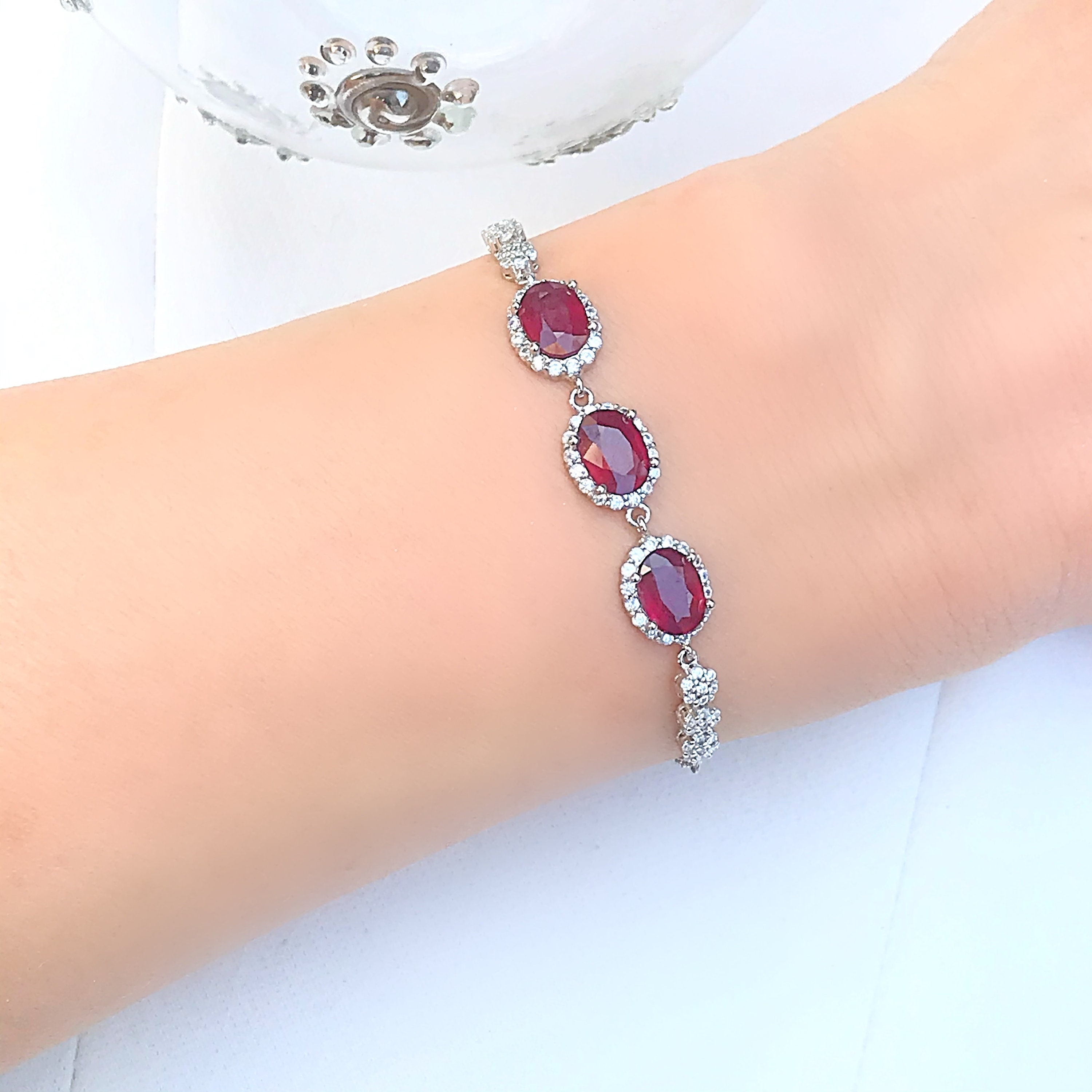 Genuine Ruby 3 Stone Oval Halo Silver Bracelet - Etsy UK