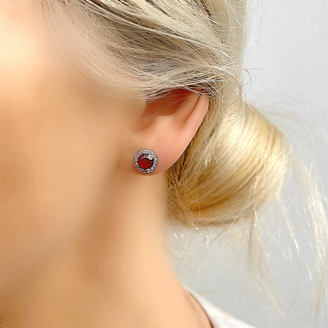 Genuine Ruby and White Topaz Round Small Halo Silver Stud - Etsy UK