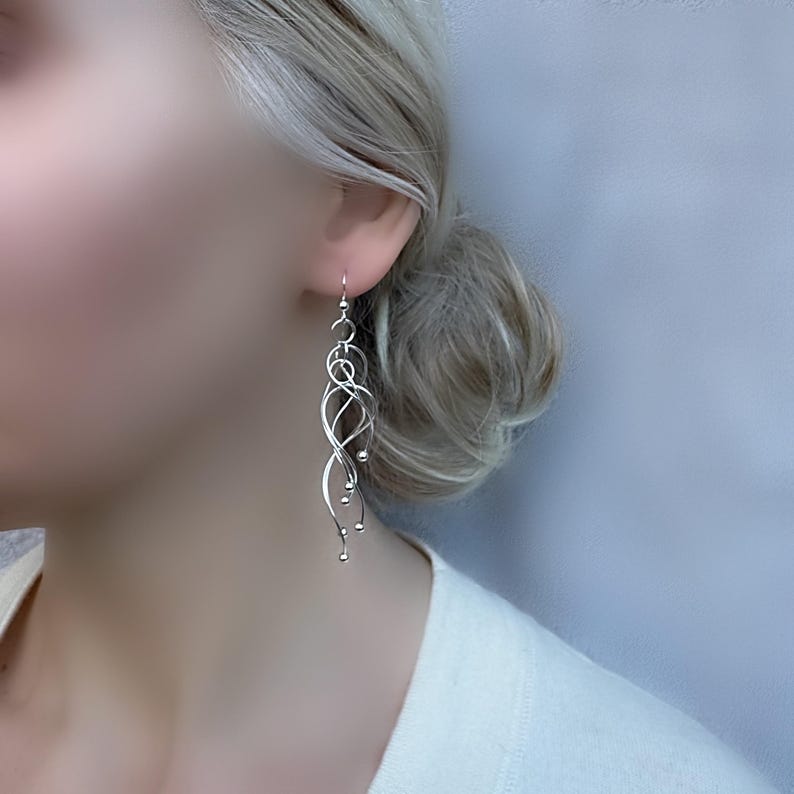 Sterling Silver 925 Swirly Feather Style Wavy Long Dangle Drop Earrings ...