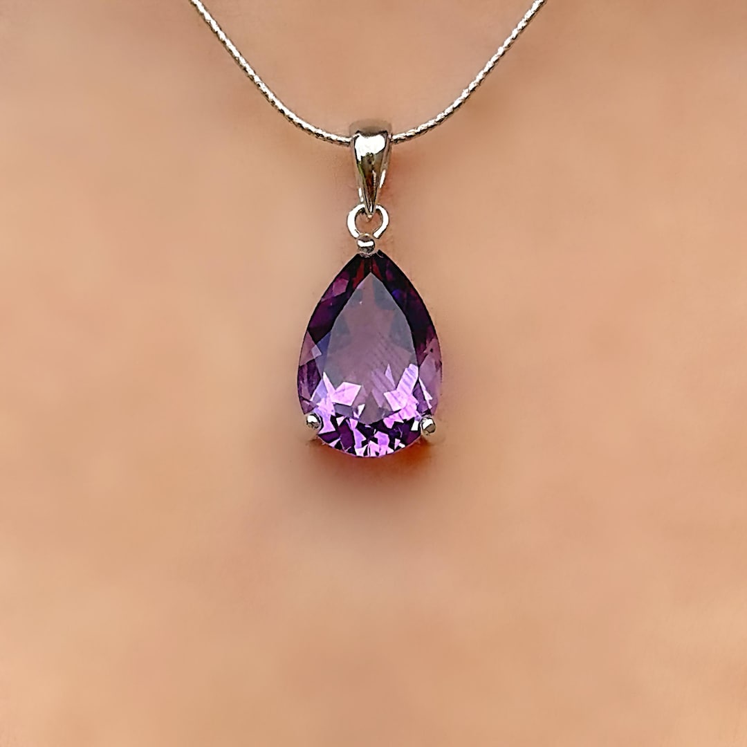 Genuine Amethyst Pear Solitaire Teardrop Silver Pendant Necklace ...