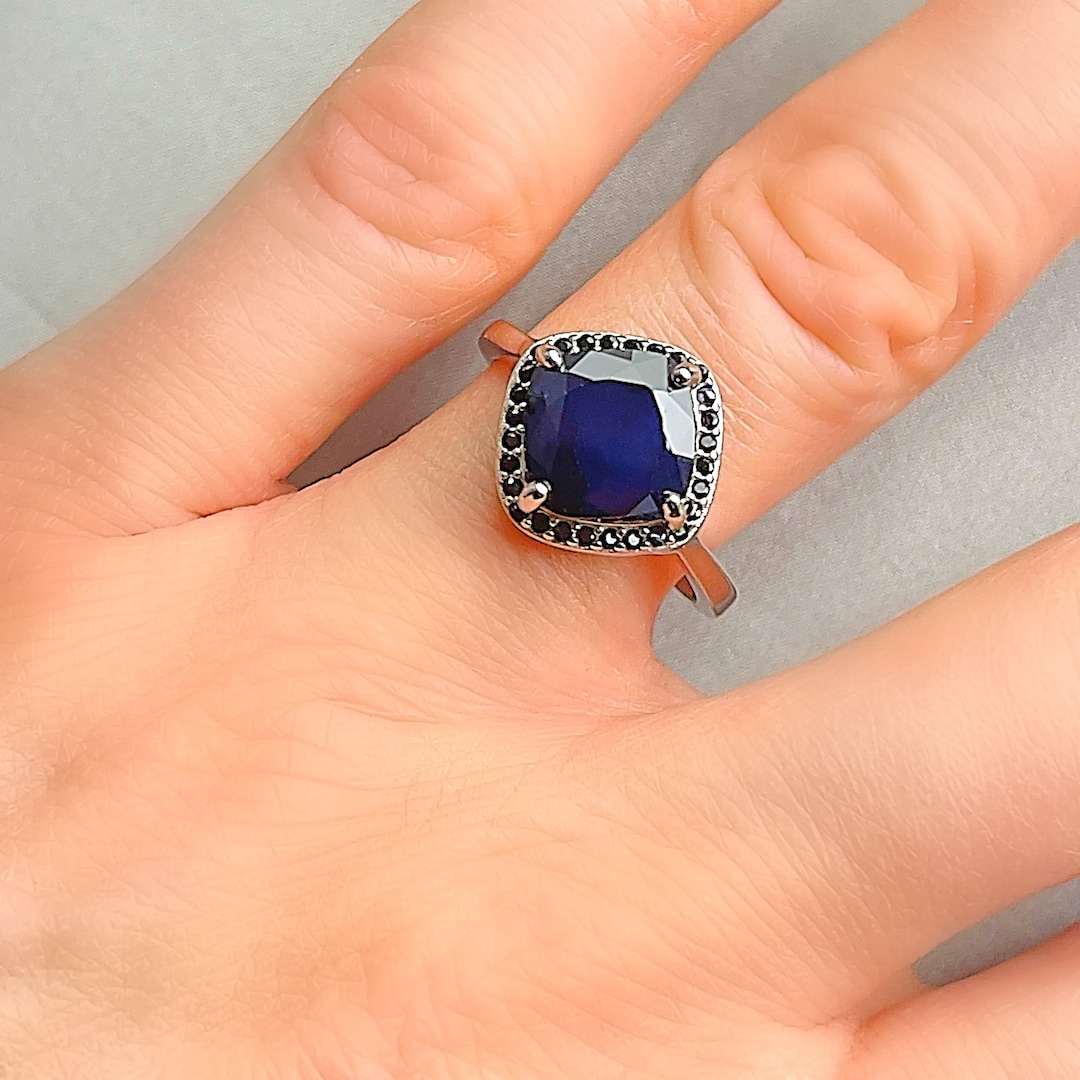 Genuine Blue Sapphire Diamond Shape Square Silver Ring - Etsy