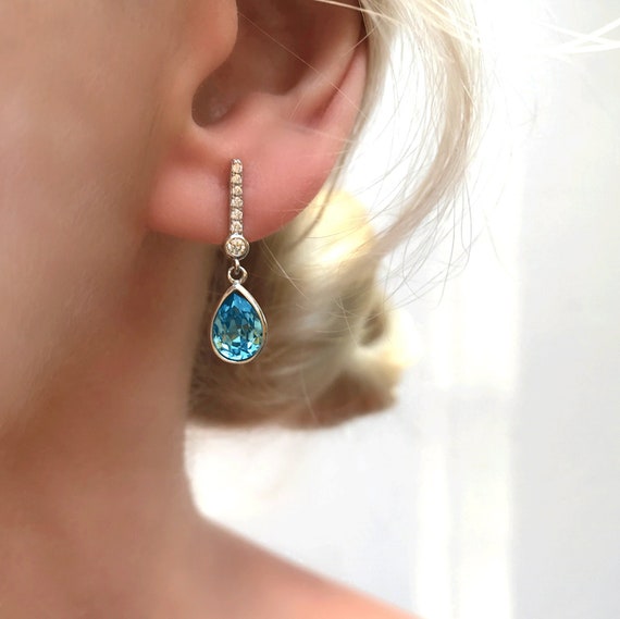 Silver Aquamarine Swarovski Crystal Teardrop Silver Dangle Drop Earrings Etsy