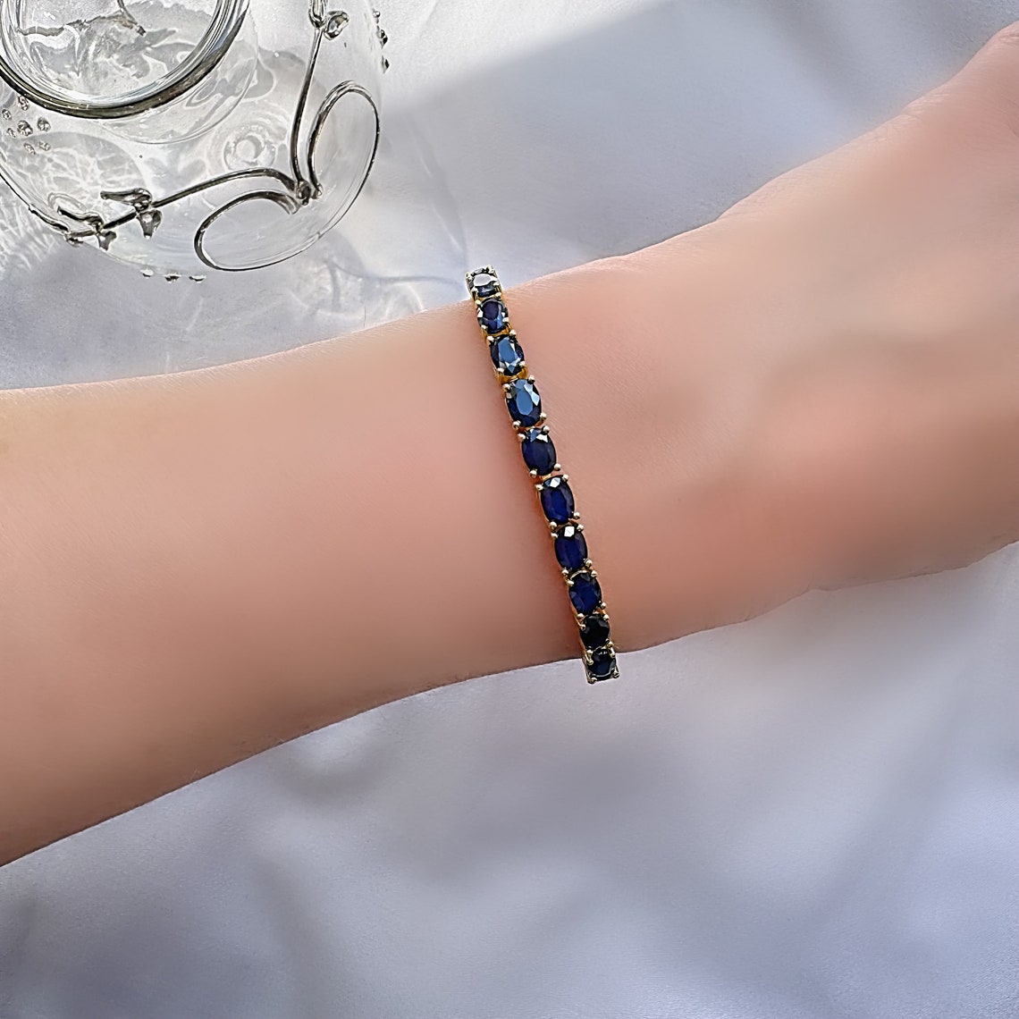 Genuine AA Blue Sapphire Tennis Oval 6x4 Mm Gold Vermeil Silver ...