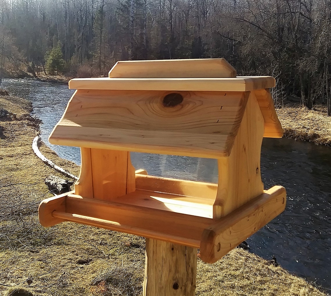 Large Post Mount Bird Feeder Cedar Wood TBNUP 2 - Etsy