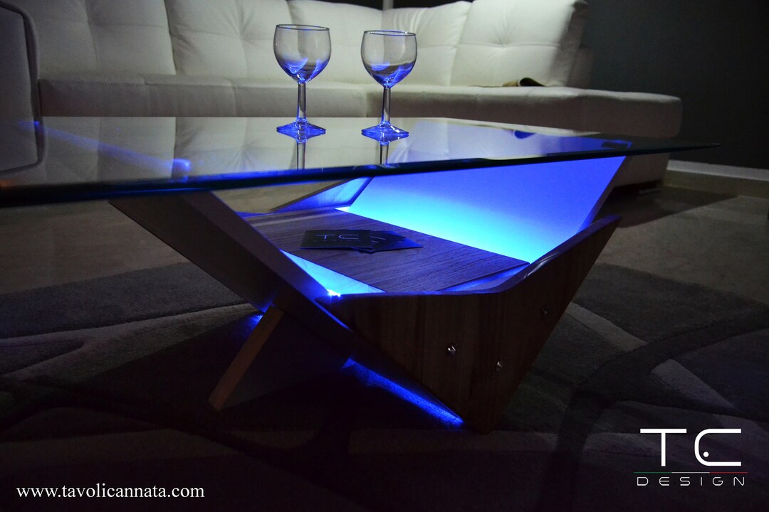 Modern Coffee Table With Led Lights in Wood and Glass Vanity Model - Etsy