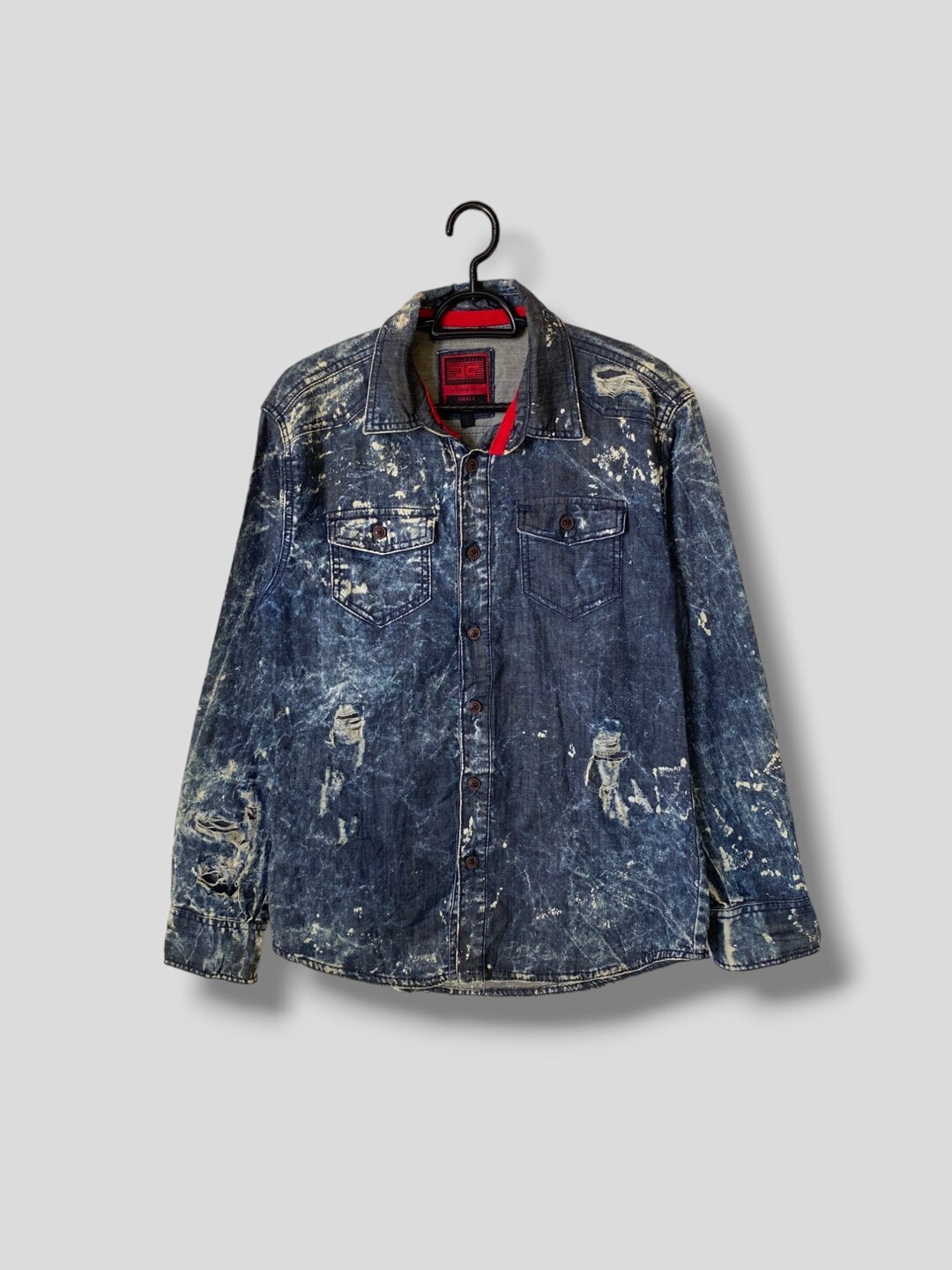 Jordan Craig Distressed Acid Wash Denim Button up Shirt Streetwear ...