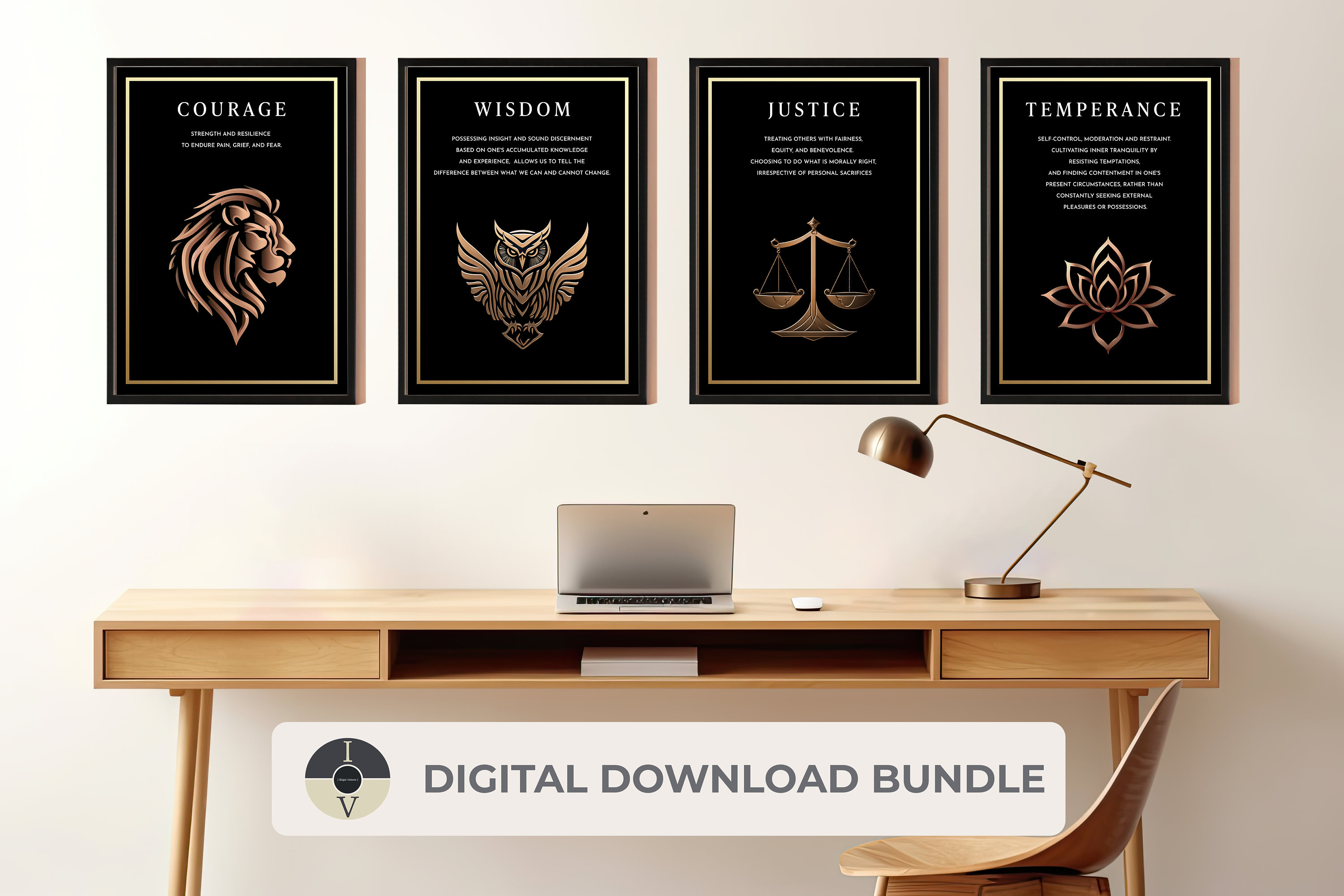 The Stoic Virtues Digital Wall Prints Bronze Graphics, Black Background ...