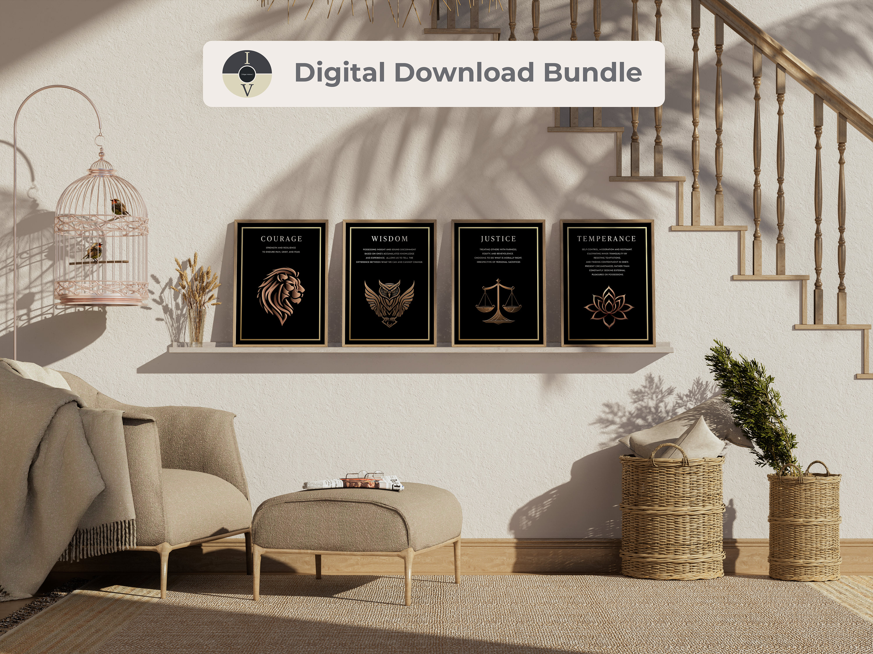 The Stoic Virtues Digital Wall Prints Bronze Graphics, Black Background ...